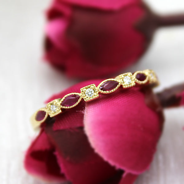 Marquise Ruby & Diamond 14kt Yellow Gold Stackable Ring – Archariel
